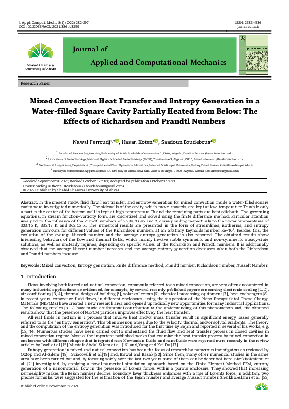 Pdf Mixed Convection Heat Transfer And Entropy Generation In A Water Filled Square Cavity