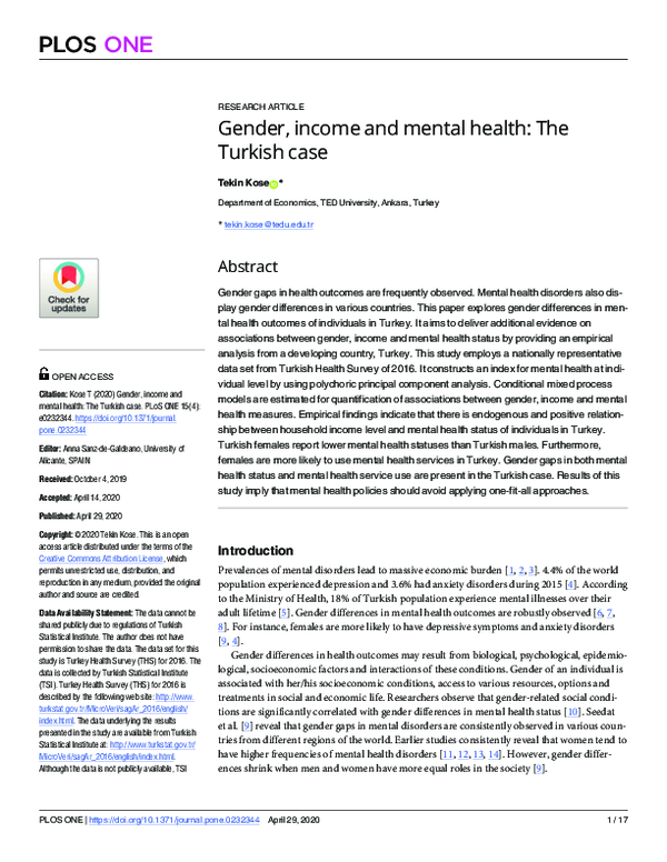 (PDF) Gender, income and mental health: The Turkish case