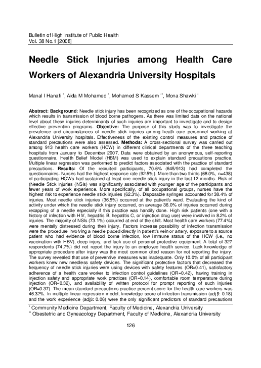 (PDF) Needle Stick Injuries among Health Care Workers of Alexandria ...