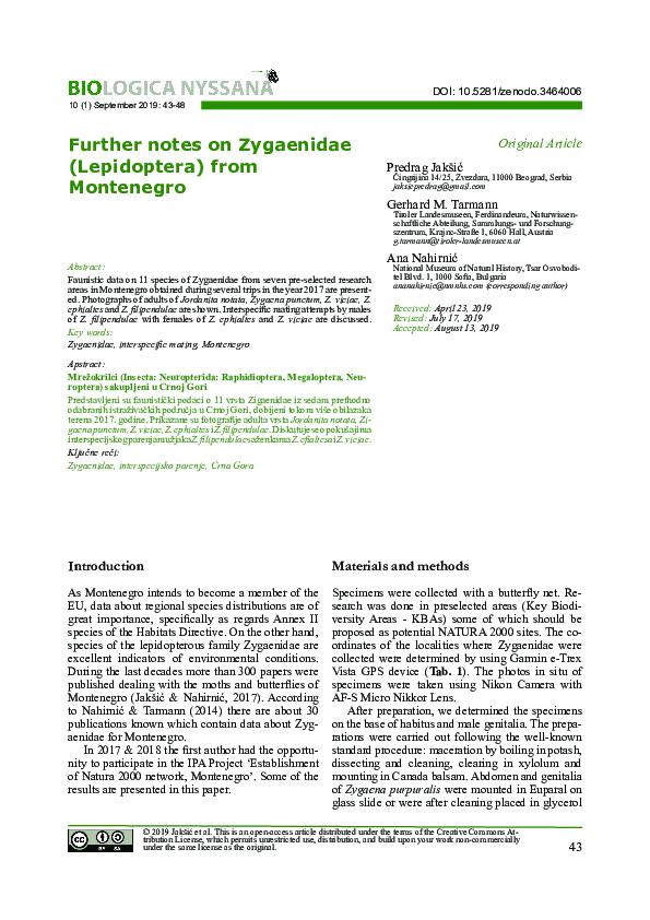 (PDF) Further notes on Zygaenidae (Lepidoptera) from Montenegro