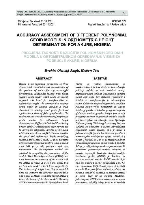 (PDF) Accuracy Assessment of Different Polynomial Geoid Models in Orthometric Height ...