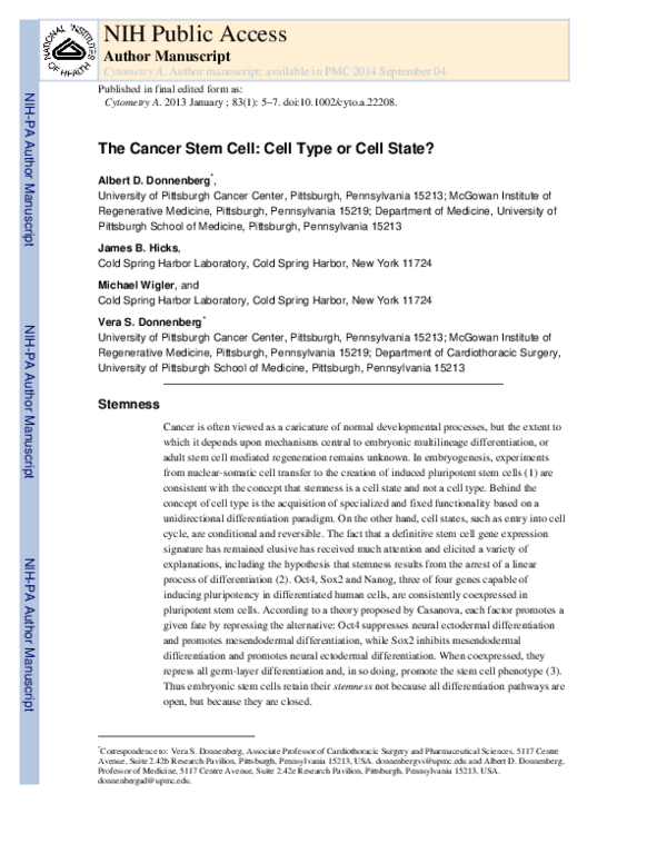 (PDF) The cancer stem cell: Cell type or cell state?