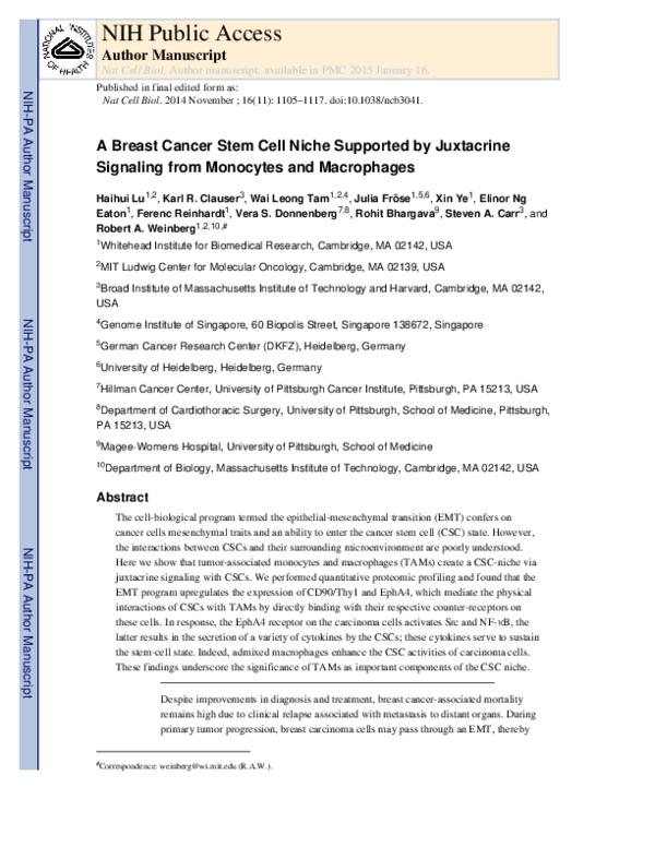(PDF) Juxtacrine Signaling by Monocytes Creates Breast Cancer CSC Niche