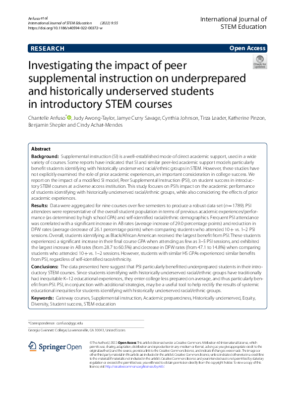 (PDF) Investigating the impact of peer supplemental instruction on underprepared and ...