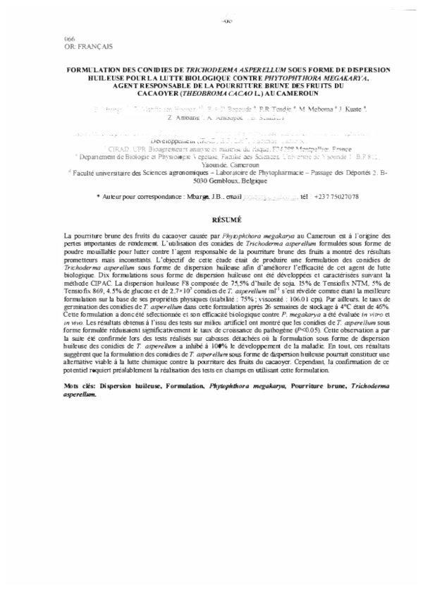 Pdf Formulation Des Conidies De Trichoderma Asperellum Sous Forme De Dispersion Huileuse Pour