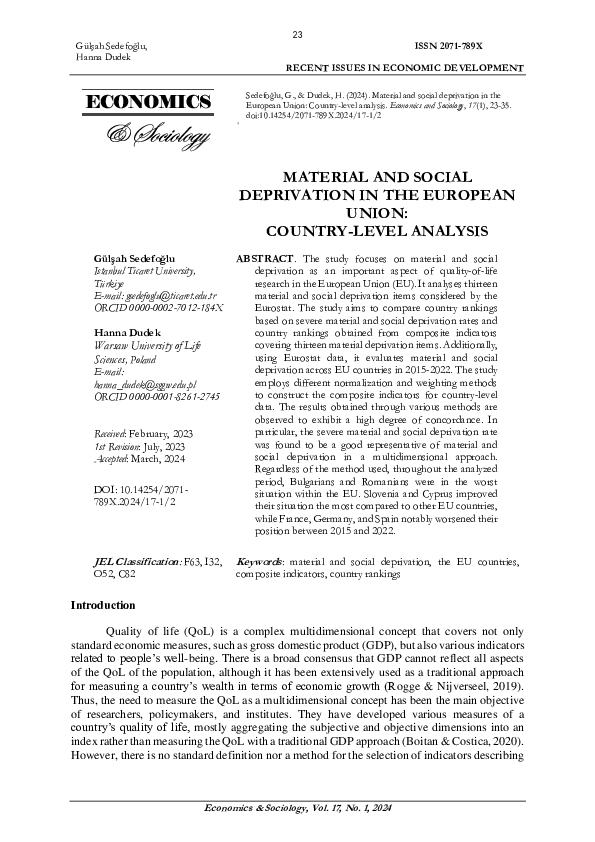 (PDF) Material and social deprivation in the European Union: Country ...