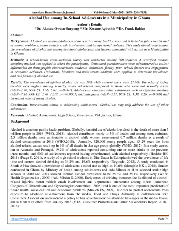(PDF) Alcohol use among in-school Adolescents in a Municipality in ...