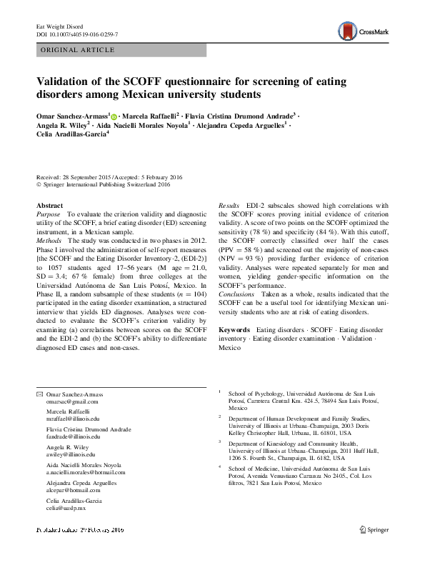 (PDF) Validation of the SCOFF questionnaire for screening of eating ...