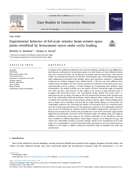 (PDF) Experimental behavior of full-scale exterior beam-column space joints retrofitted by ...