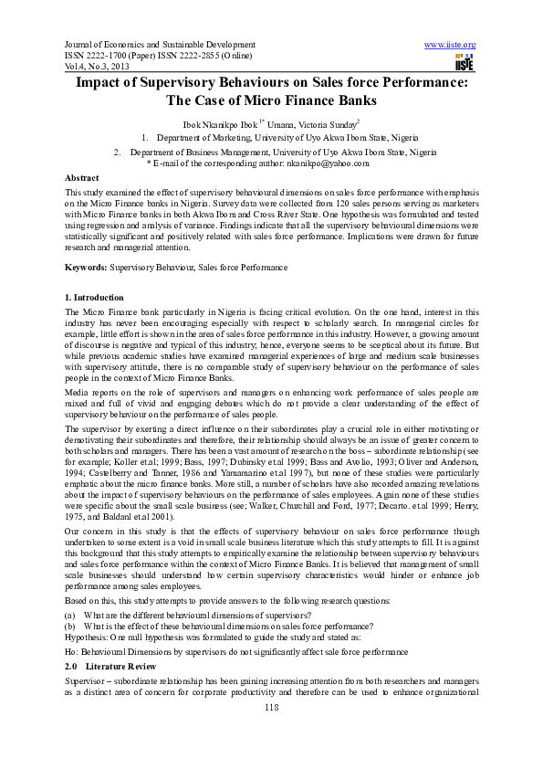 (PDF) Impact of Supervisory Behaviours on Sales force Performance: The ...