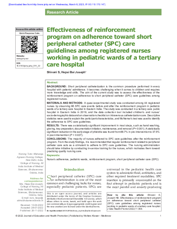 (PDF) Effectiveness of reinforcement program on adherence toward short peripheral catheter (SPC ...
