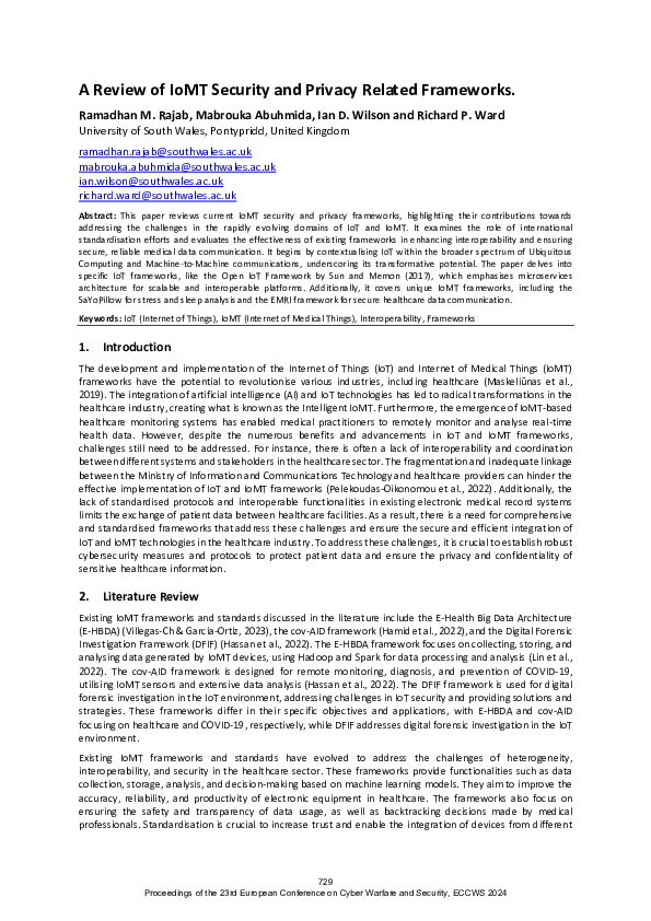 (PDF) A Review of IoMT Security and Privacy related Frameworks