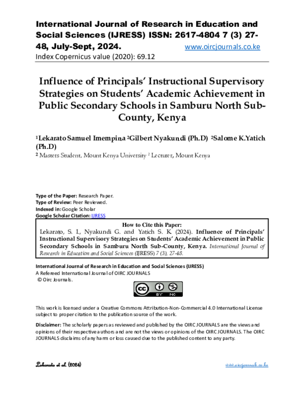 (PDF) Influence of Principals' Instructional Supervisory Strategies on ...