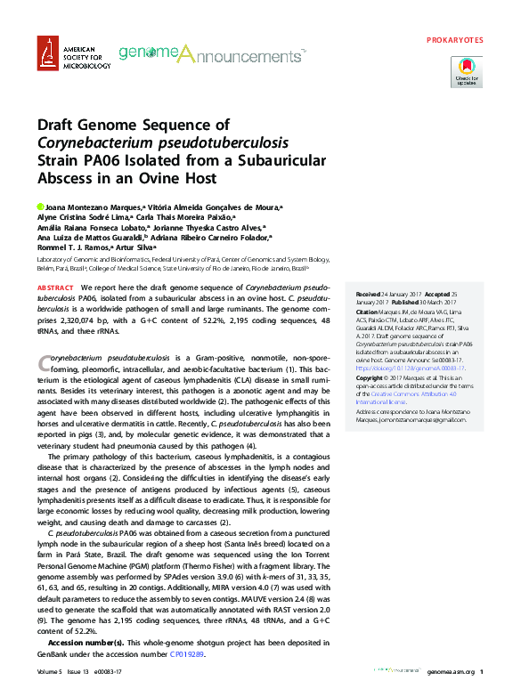 (PDF) Draft Genome Sequence of Corynebacterium pseudotuberculosis ...