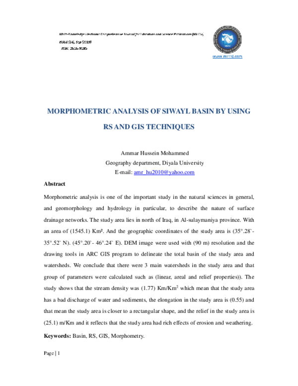 (PDF) MORPHOMETRIC ANALYSIS OF SIWAYL BASIN BY USING RS AND GIS TECHNIQUES