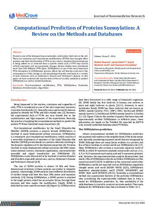 (PDF) Computational Prediction of Proteins Sumoylation: A Review on the Methods and Databases