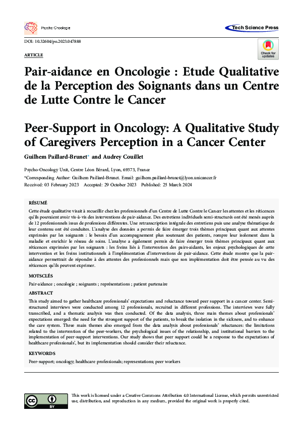 (PDF) Peer-Support in Oncology: A Qualitative Study of Caregivers Perception in a Cancer Center ...