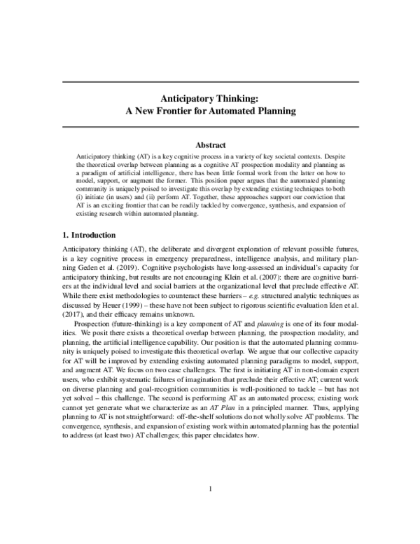 (PDF) Anticipatory Thinking: A New Frontier for Automated Planning