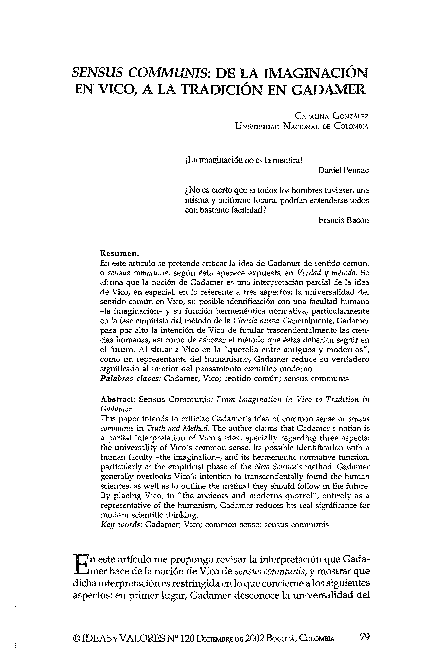 (PDF) Sensus Communis: de la imaginación en Vico a la tradición en Gadamer