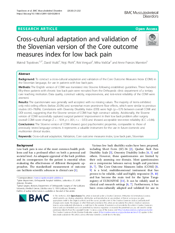 Pdf Cross Cultural Adaptation And Validation Of The Slovenian Version Of The Core Outcome