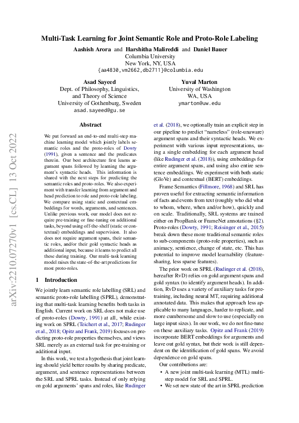 (PDF) Multi-Task Learning for Joint Semantic Role and Proto-Role Labeling