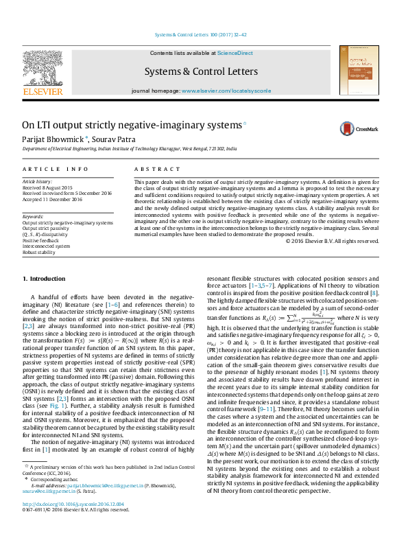 (PDF) On LTI output strictly negative-imaginary systems