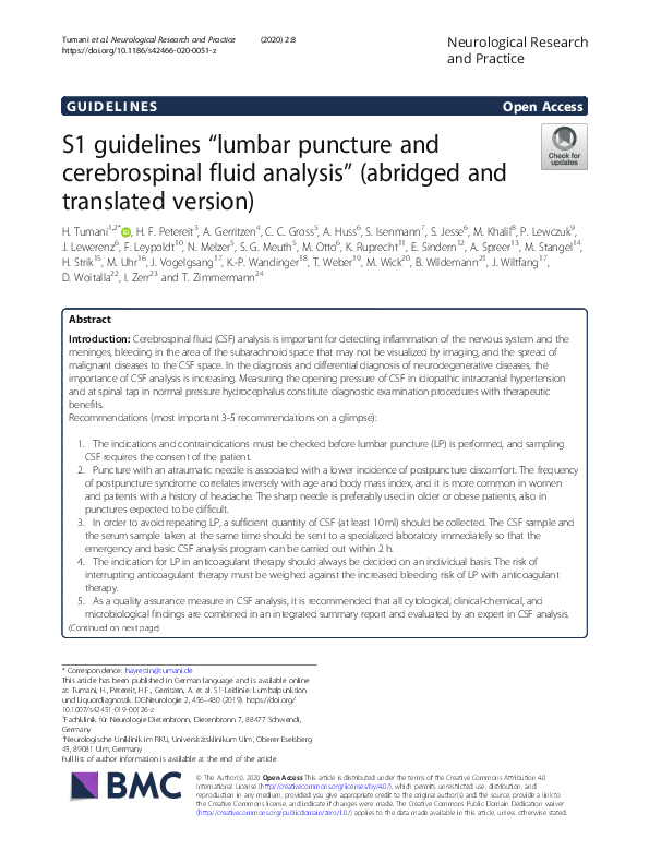 (PDF) S1 guidelines “lumbar puncture and cerebrospinal fluid analysis” (abridged and translated ...