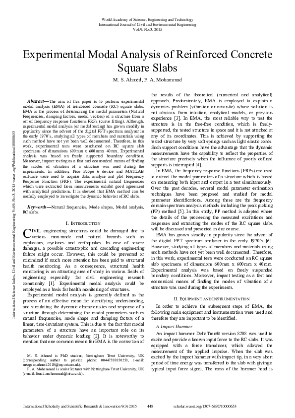 (PDF) Experimental Modal Analysis Of Reinforced Concrete Square Slabs