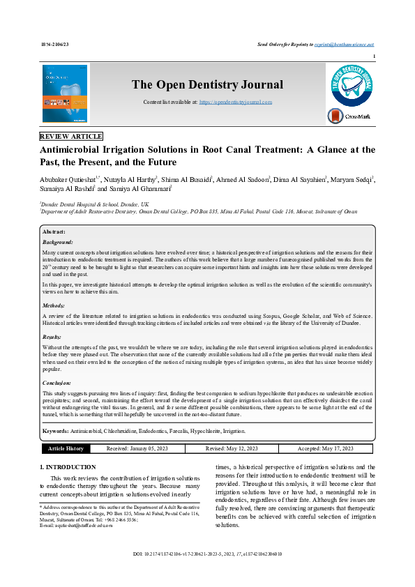 (PDF) Antimicrobial Irrigation Solutions in Root Canal Treatment: A ...