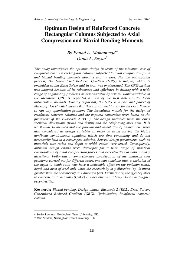 (PDF) Optimum Design of Reinforced Concrete Rectangular Columns Subjected to Axial Compression ...