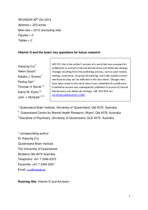 (PDF) Vitamin D and the brain: Key questions for future research