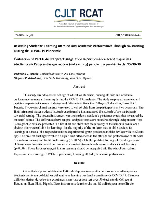 (PDF) Assessing Students’ Learning Attitude and Academic Performance Through m-Learning During ...