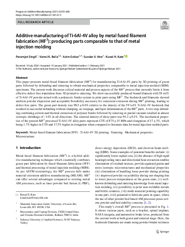 (PDF) Additive manufacturing of Ti-6Al-4V alloy by metal fused filament fabrication (MF3 ...