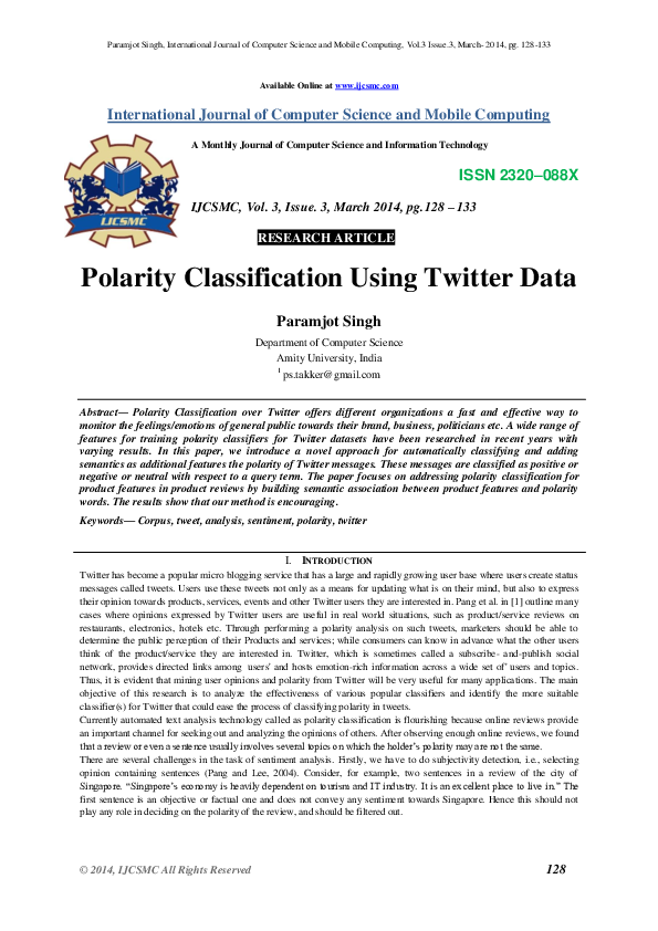 (PDF) Polarity Classification Using Twitter Data