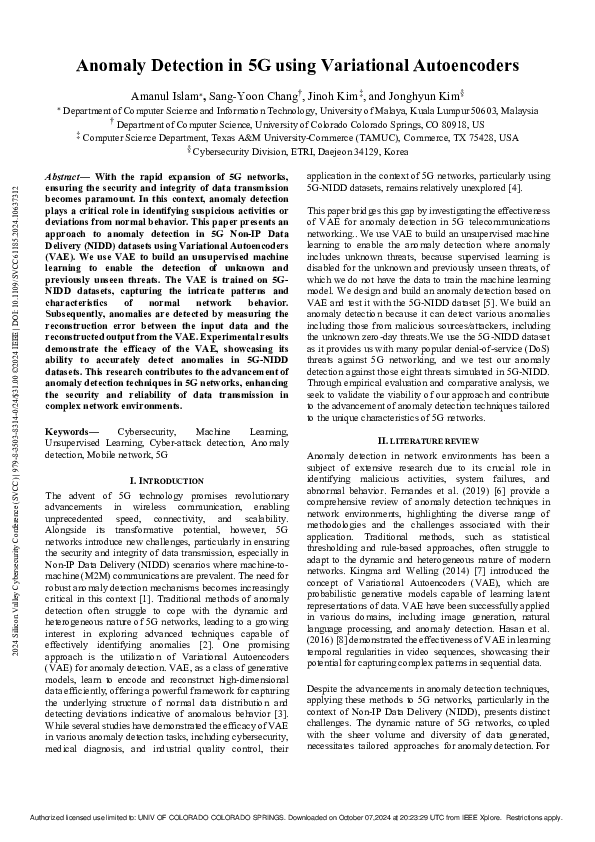 (PDF) Anomaly Detection in 5G using Variational Autoencoders