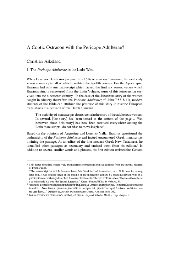 (PDF) 'A Coptic Ostracon with the Pericope Adulterae?'