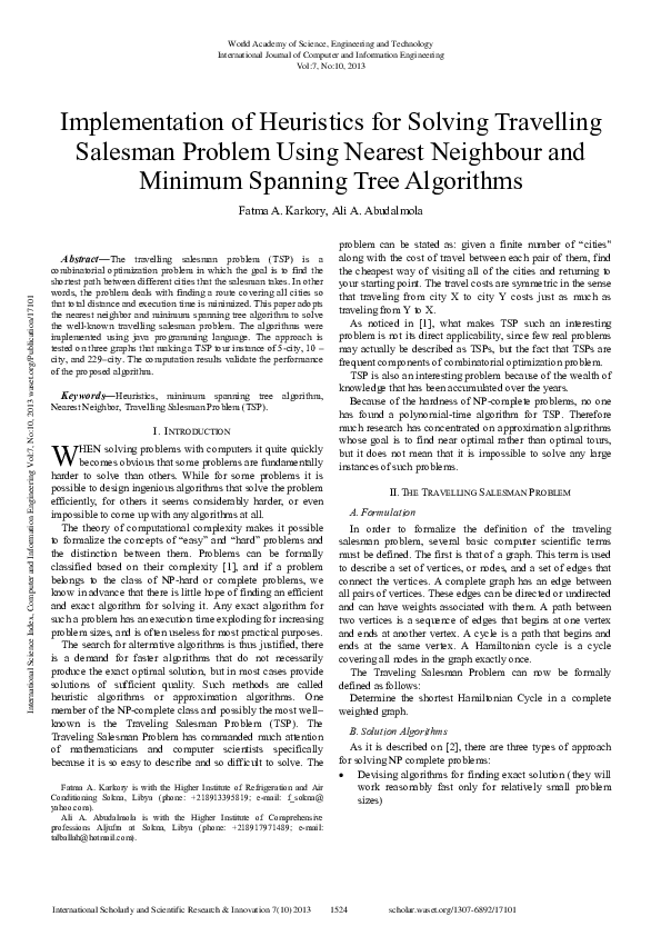 (PDF) Implementation of Heuristics for Solving Travelling Salesman Problem Using Nearest ...