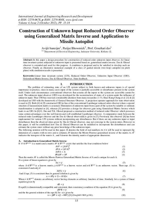 Pdf Construction Of Unknown Input Reduced Order Observer Using
