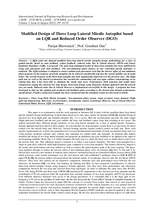 (PDF) Modified Design of Three Loop Lateral Missile Autopilot based on LQR and Reduced Order ...