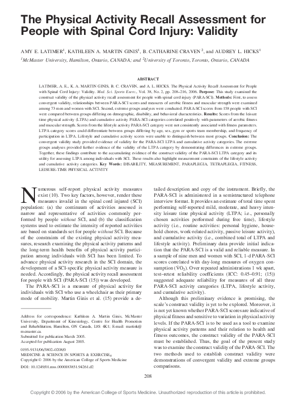 The Physical Activity Recall Assessment for People with Spinal Cord Injury