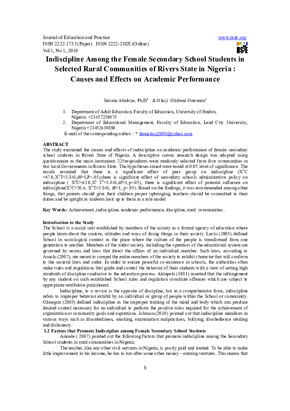 (PDF) Indiscipline Among the Female Secondary School Students in ...