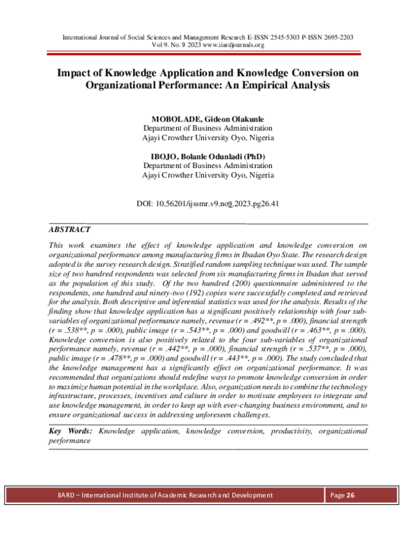 (PDF) Impact of Knowledge Application and Knowledge Conversion on ...