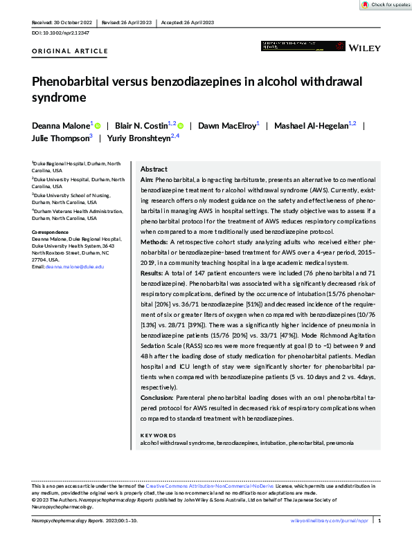 (PDF) Phenobarbital versus benzodiazepines in alcohol withdrawal syndrome