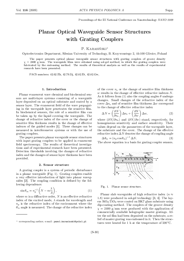 (PDF) Planar Optical Waveguide Sensor Structures with Grating Couplers