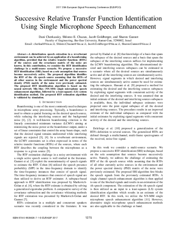 (PDF) Successive Relative Transfer Function Identification Using Single Microphone Speech ...