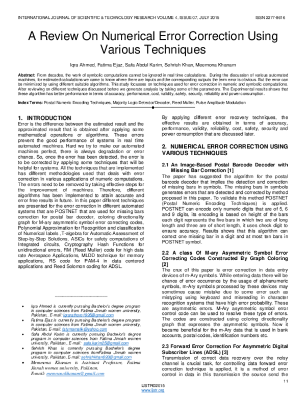 (PDF) A Review On Numerical Error Correction Using Various Techniques