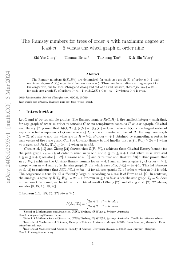 (PDF) The Ramsey numbers for trees of order $n$ with maximum degree at least $n-5$ versus the ...