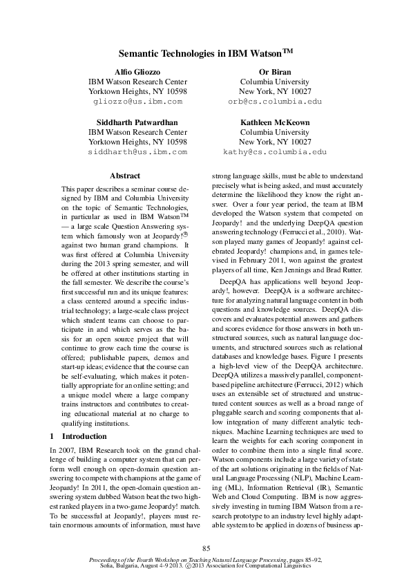 (PDF) Semantic Technologies in IBM Watson