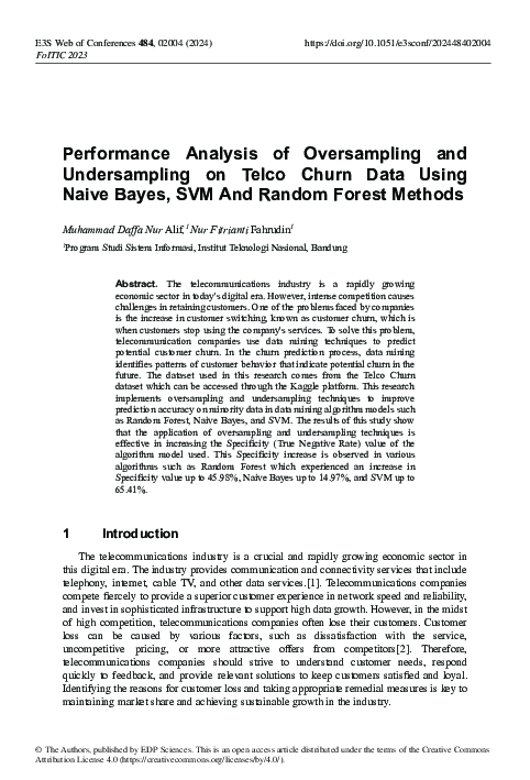 (PDF) Performance Analysis of Oversampling and Undersampling on Telco Churn Data Using Naive ...