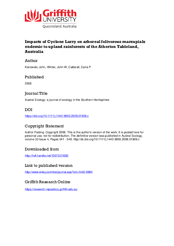(PDF) Impacts of Cyclone Larry on arboreal folivorous marsupials ...